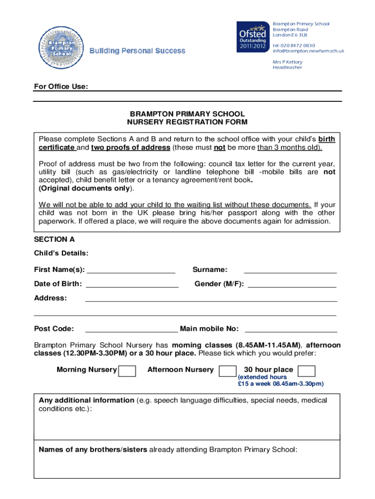 Fillable Online brampton newham sch Brampton Primary School - Nursery ...