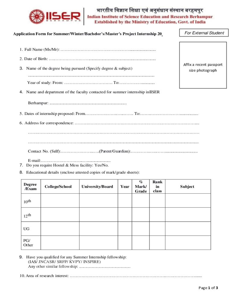 Fillable Online of 3 Application Form for Summer/Winter/Bachelor's/Master's Project ... Fax ...
