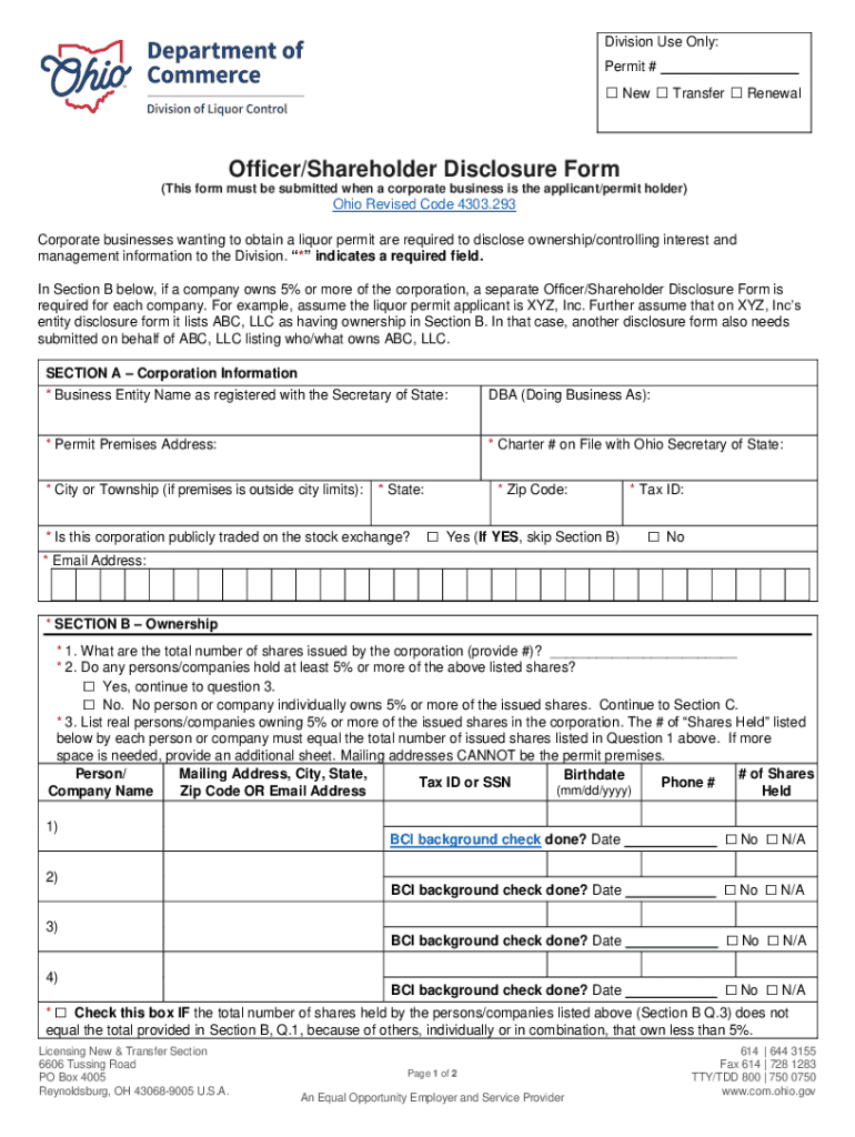 Fillable Online com ohio Officer or Shareholder Disclosure FormOhio ...