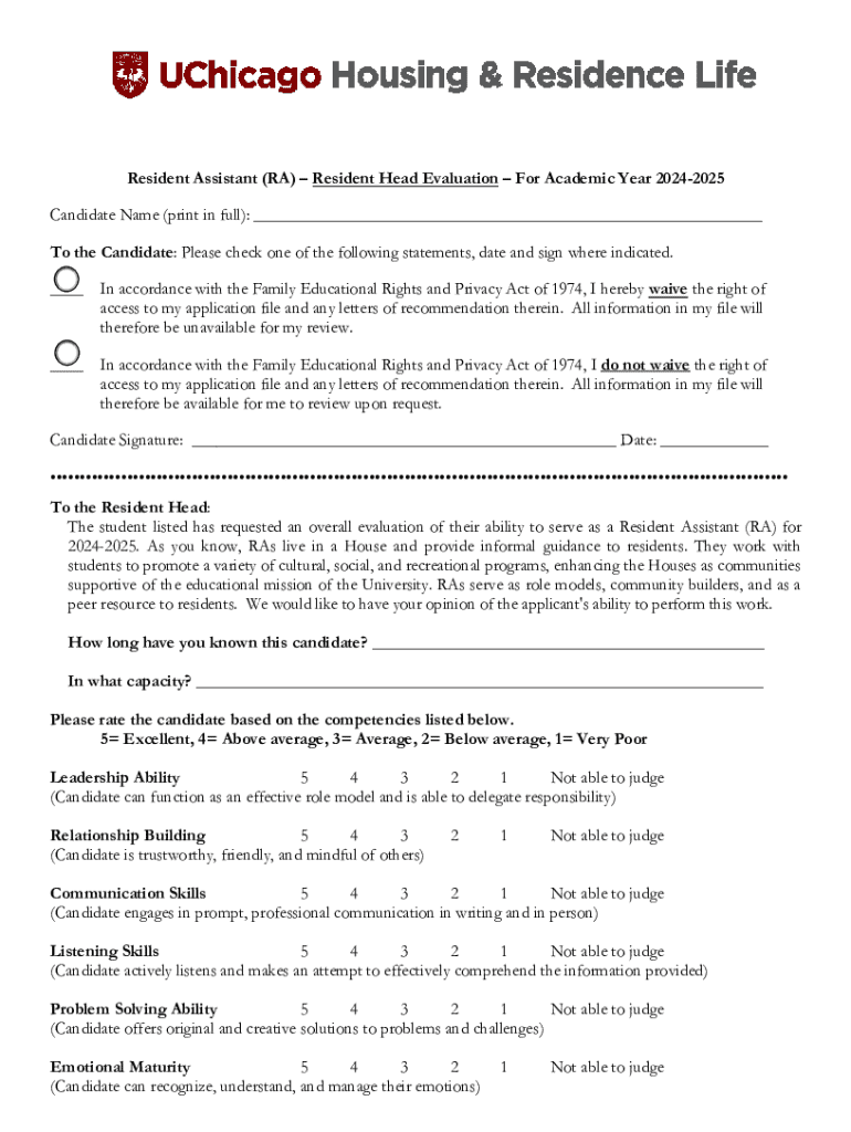 Fillable Online college uchicago Resident Assistant RH Evaluation Form ...