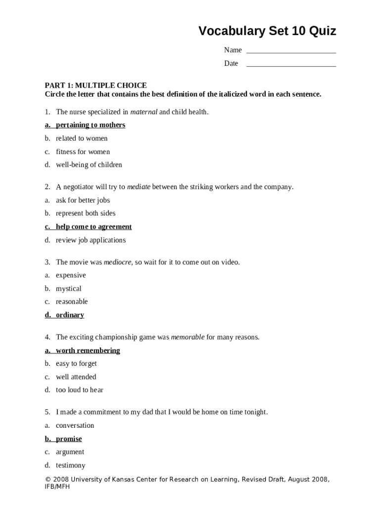 Sample Vocabulary Quiz Doc Template | pdfFiller