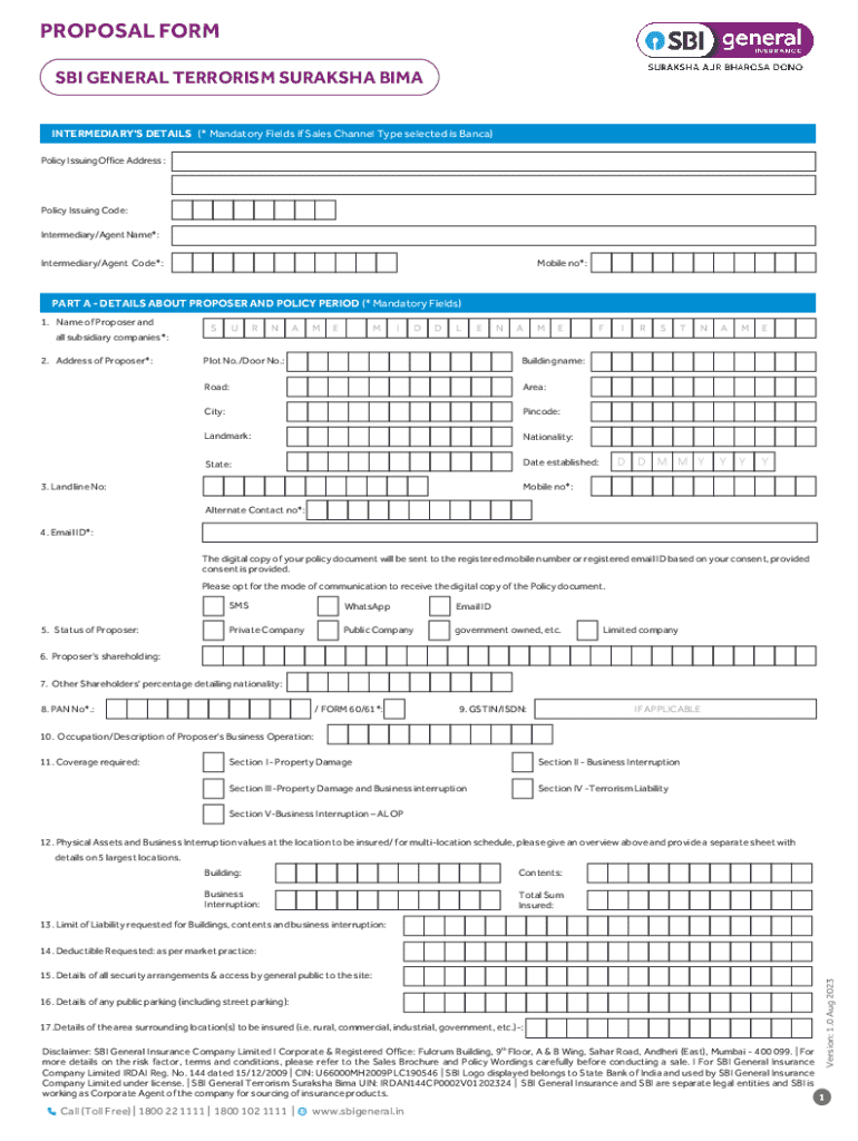 Fillable Online Terrorism Suraksha BimaProposal Form.cdr Fax Email ...