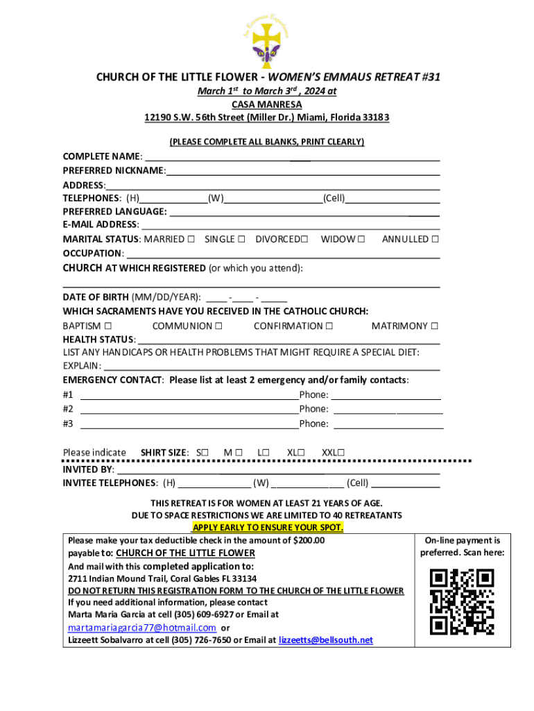 Fillable Online church of the little flower - women's emmaus retreat #31 Fax Email Print - pdfFiller