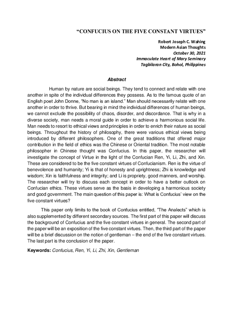 Fillable Online CONFUCIUS ON THE FIVE CONSTANT VIRTUES Fax Email Print ...