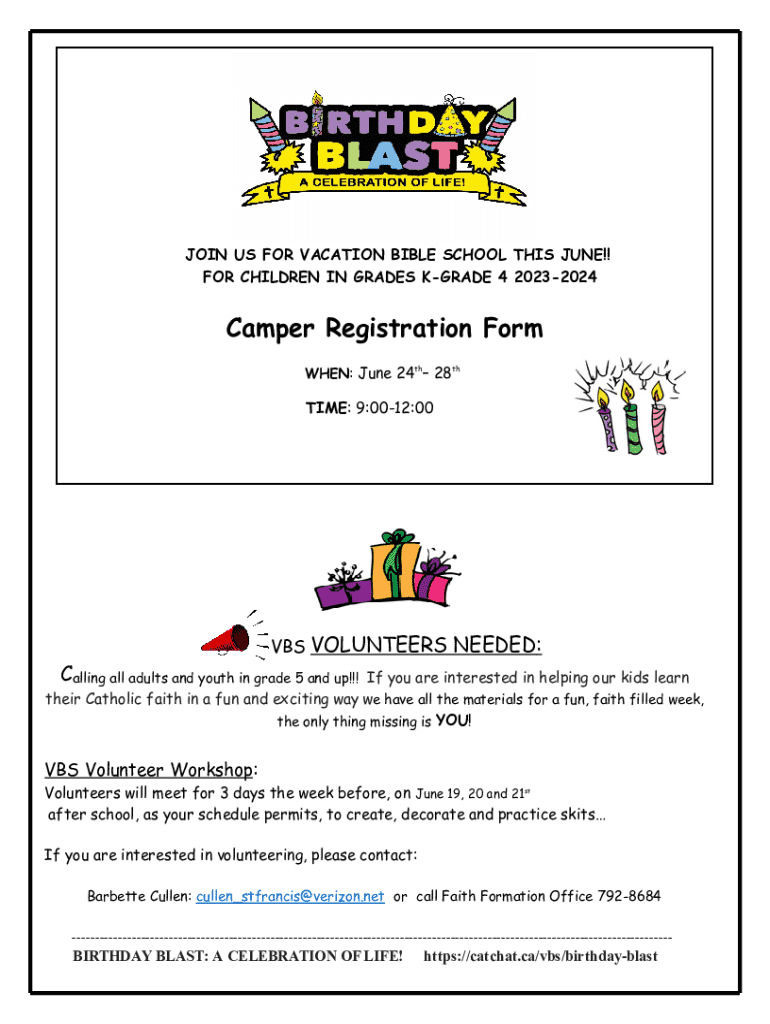 Fillable Online VBS VOLUNTEER Application - for GRADES 6-12 by 9/24 Fax ...