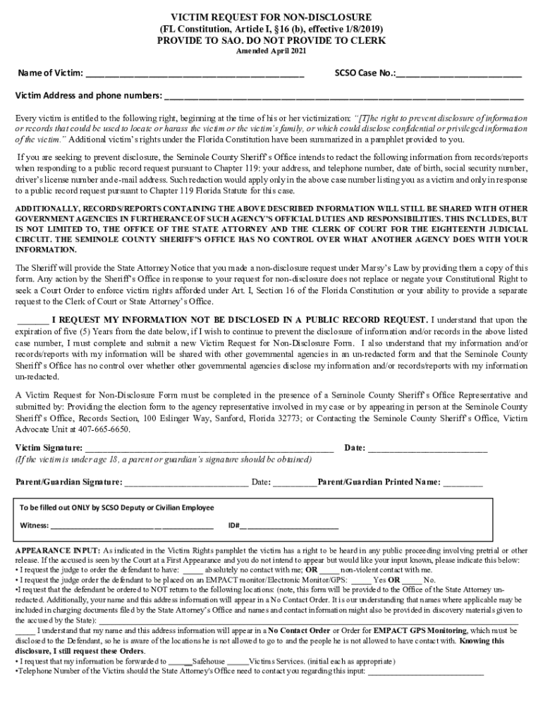 Fillable Online Marsy's Law Victim Request for Non-Disclosure Form Fax ...