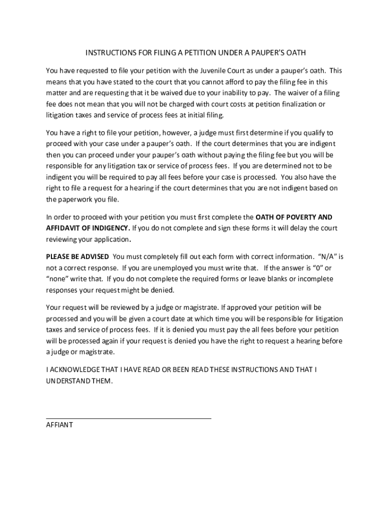 Fillable Online PAUPER'S OATH/AFFIDAVIT OF INABILITY TO PAY COURT ...