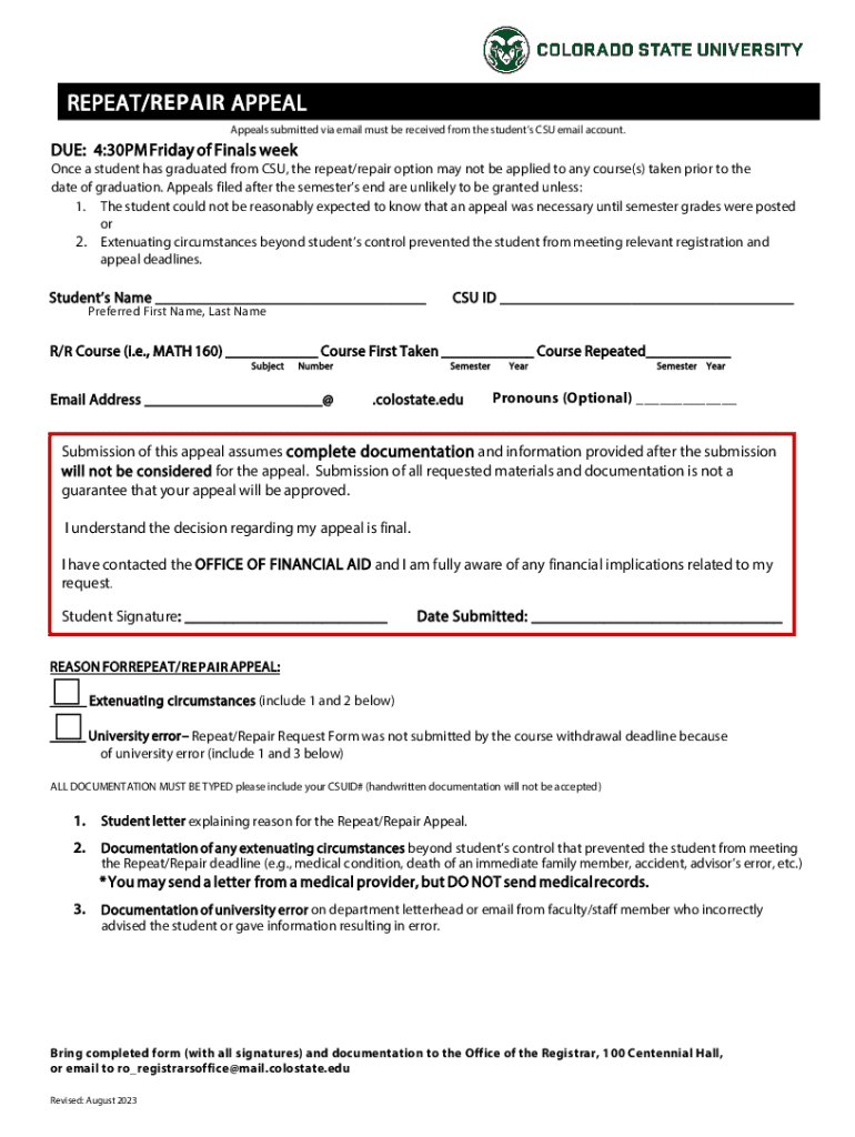 Fillable Online registrar colostate REPEAT/REPAIR APPEAL Fax Email Print - pdfFiller
