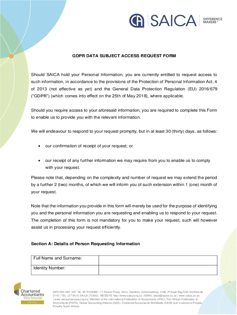 Fillable Online GDPR DATA SUBJECT ACCESS REQUEST FORM Should SAICA ...