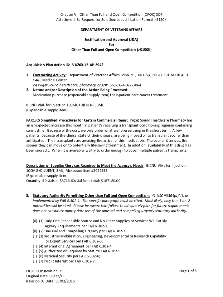 Fillable Online P03-J AND A OPEN MKT 150K - Vol6 Chap6 OFOC SOP Rev5 Atch 3 FAR6 JA OVER 150K ...