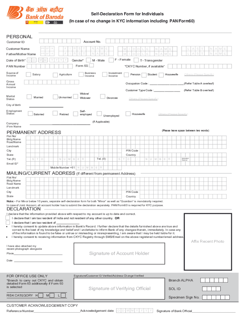 Fillable Online Self-Declaration Form for Individuals (In case of no change in KYC ... Fax Email ...