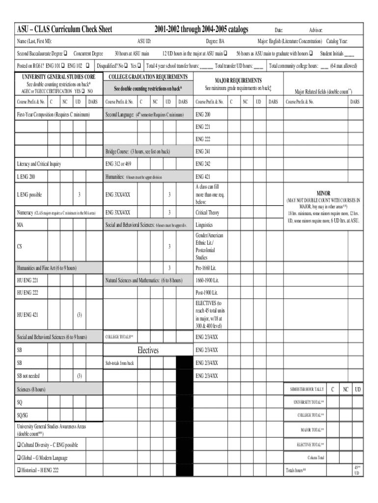 Fillable Online catalog asu Curriculum Check Sheets 2004-2005 ...