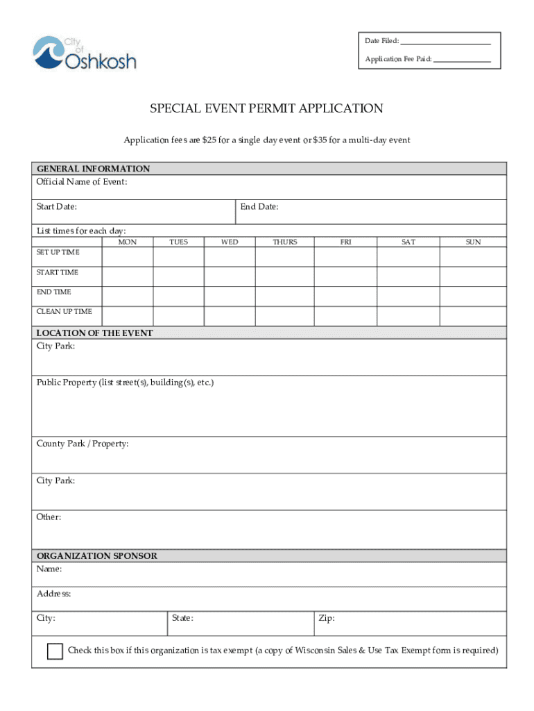 Fillable Online Application for Special Event Permit - City of Oshkosh ...
