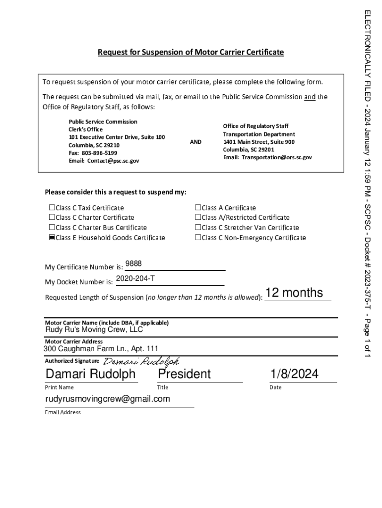 Fillable Online dms psc sc Request for Suspension of Motor Carrier Certificate - DMS Fax Email ...