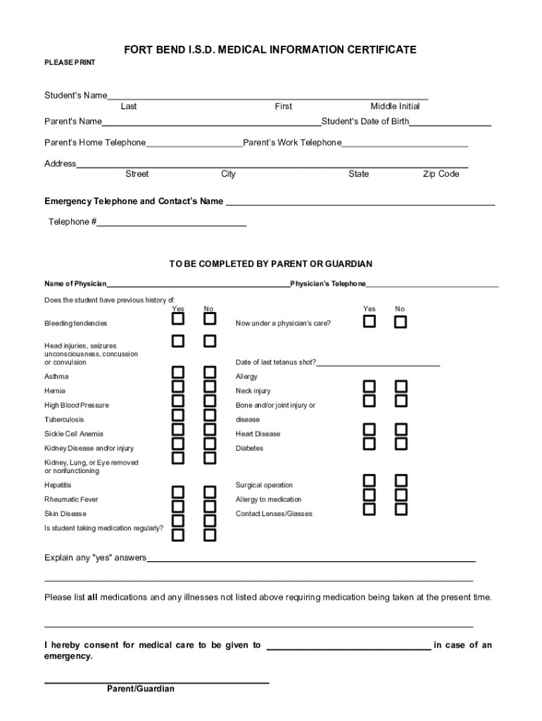 Fillable Online FORT BEND I.S.D. MEDICAL INFORMATION CERTIFICATE Fax Email Print - pdfFiller