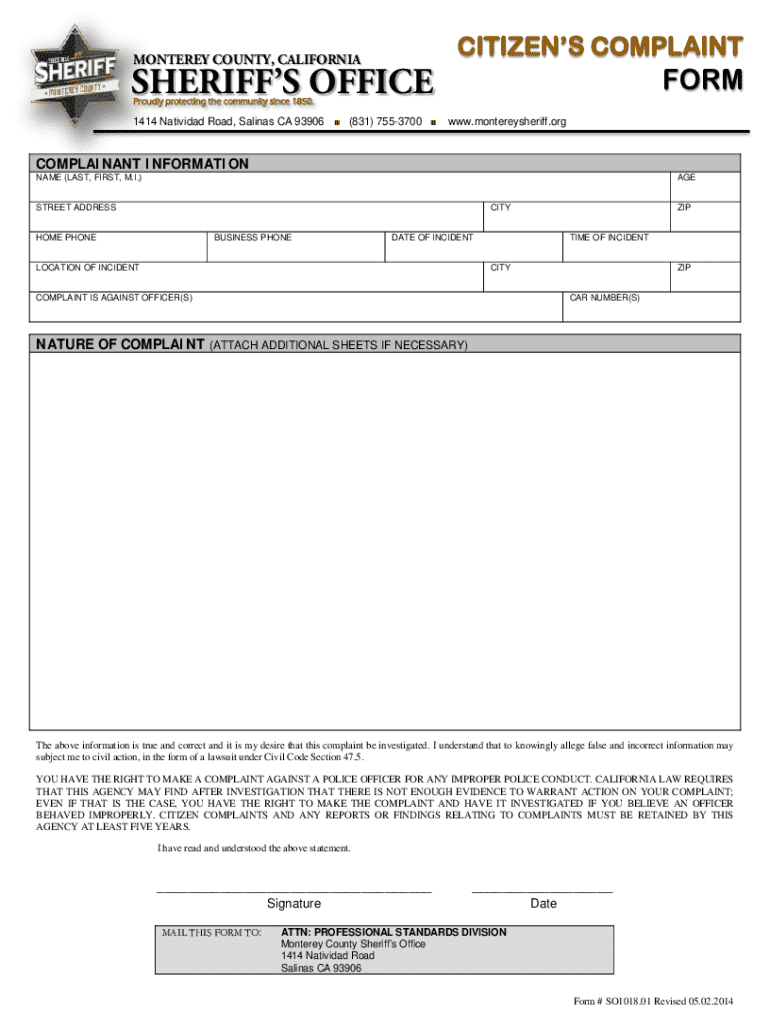 Fillable Online 1018 Citizens Complaint Form Fax Email Print - pdfFiller