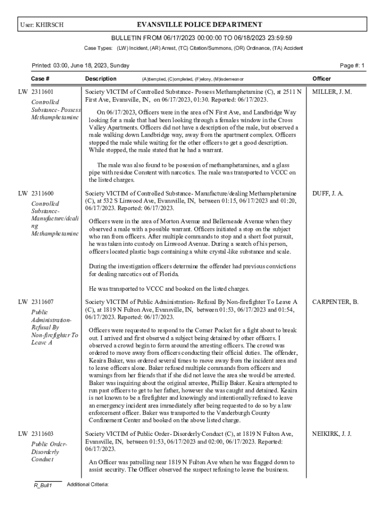 Fillable Online evansville police department - bulletin from 07/21/2023 ...