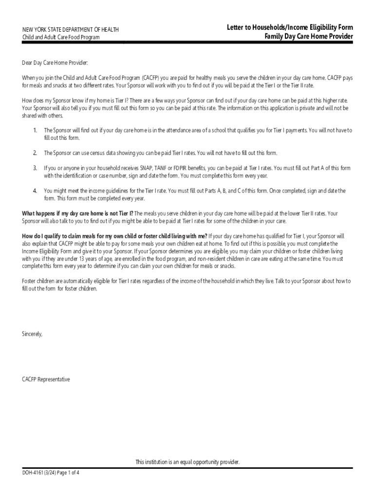 Letter to Households Income Eligibility Form: Family Day Care Home ...