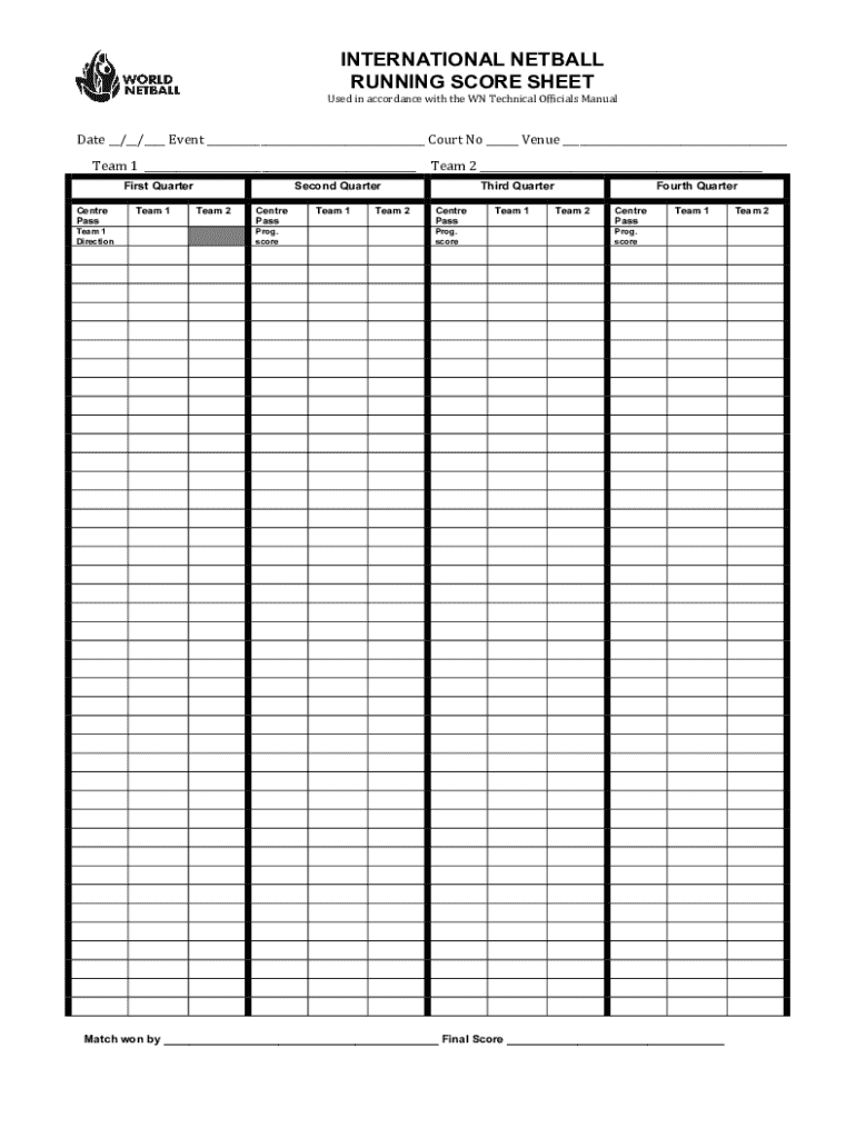 Fillable Online INTERNATIONAL NETBALL RUNNING SCORE SHEET Fax Email Print - pdfFiller