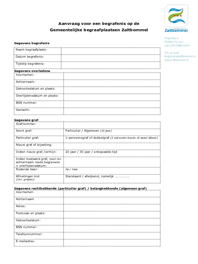 Fillable Online Formulier begrafenis aanvragen. Formulier om een ...