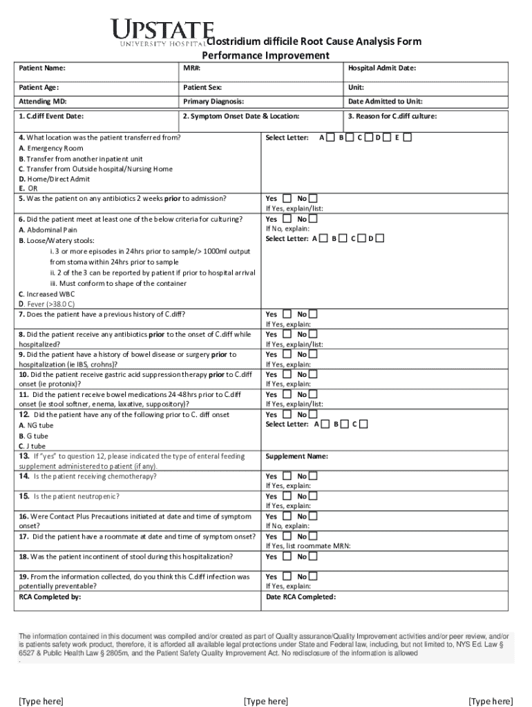 Fillable Online Clostridium difficile Root Cause Analysis Form ...
