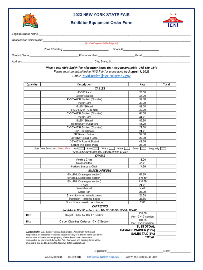 Fillable Online 2023 NEW YORK STATE FAIR Exhibitor Equipment Order Form ...