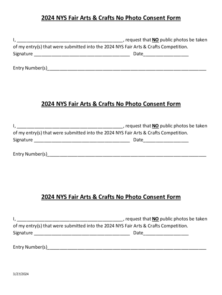 Fillable Online 2024 NYS Fair Arts & Crafts No Photo Consent Form Fax ...