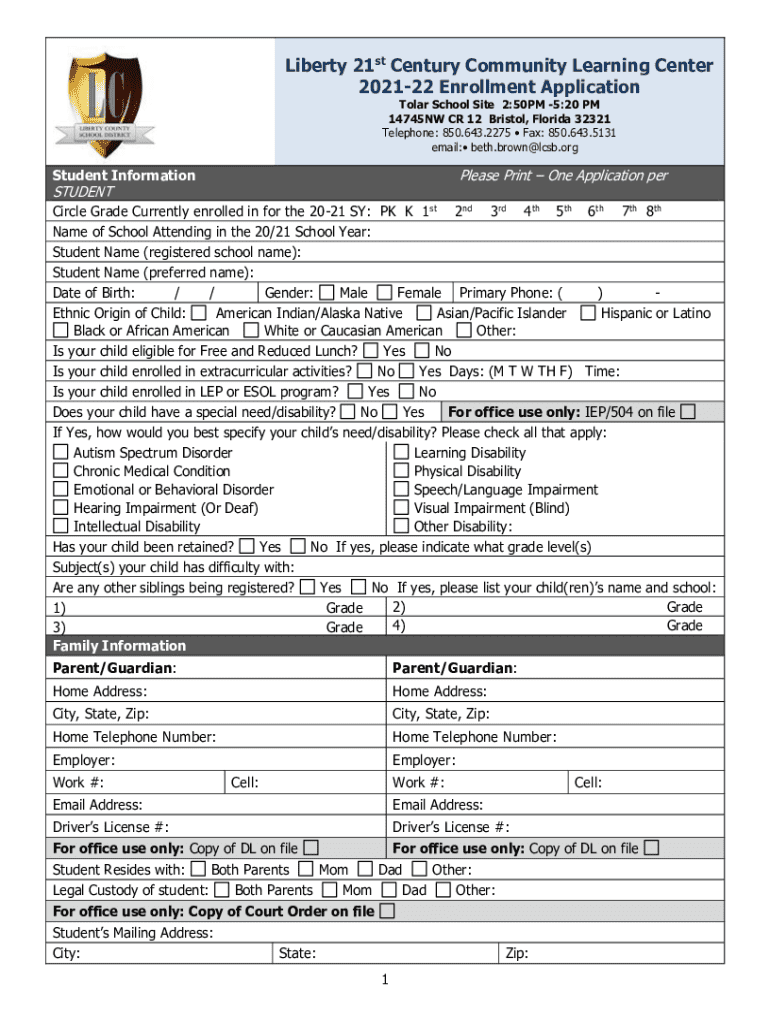 Fillable Online Liberty 21 st Century Community Learning Center 2019-20 ...