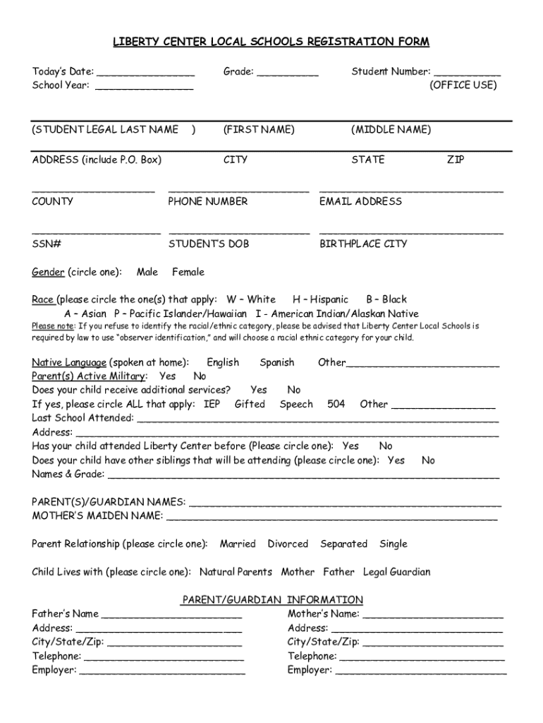 Fillable Online LIBERTY CENTER LOCAL SCHOOLS REGISTRATION FORM Fax Email Print - pdfFiller