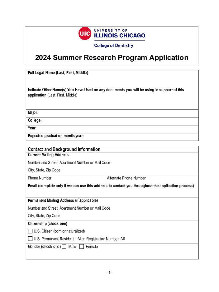 Fillable Online dentistry uic Summer research application form2024.pdf ...
