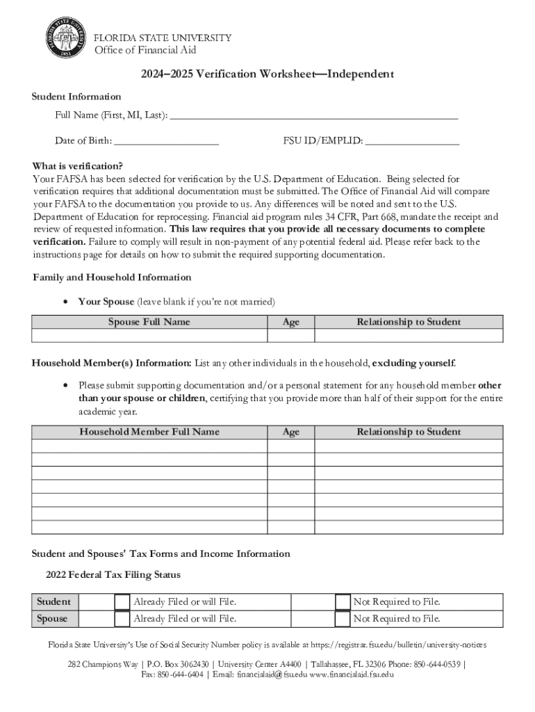Fillable Online financialaid fsu 2024-2025 Independent Verification Worksheet Form Fax Email ...