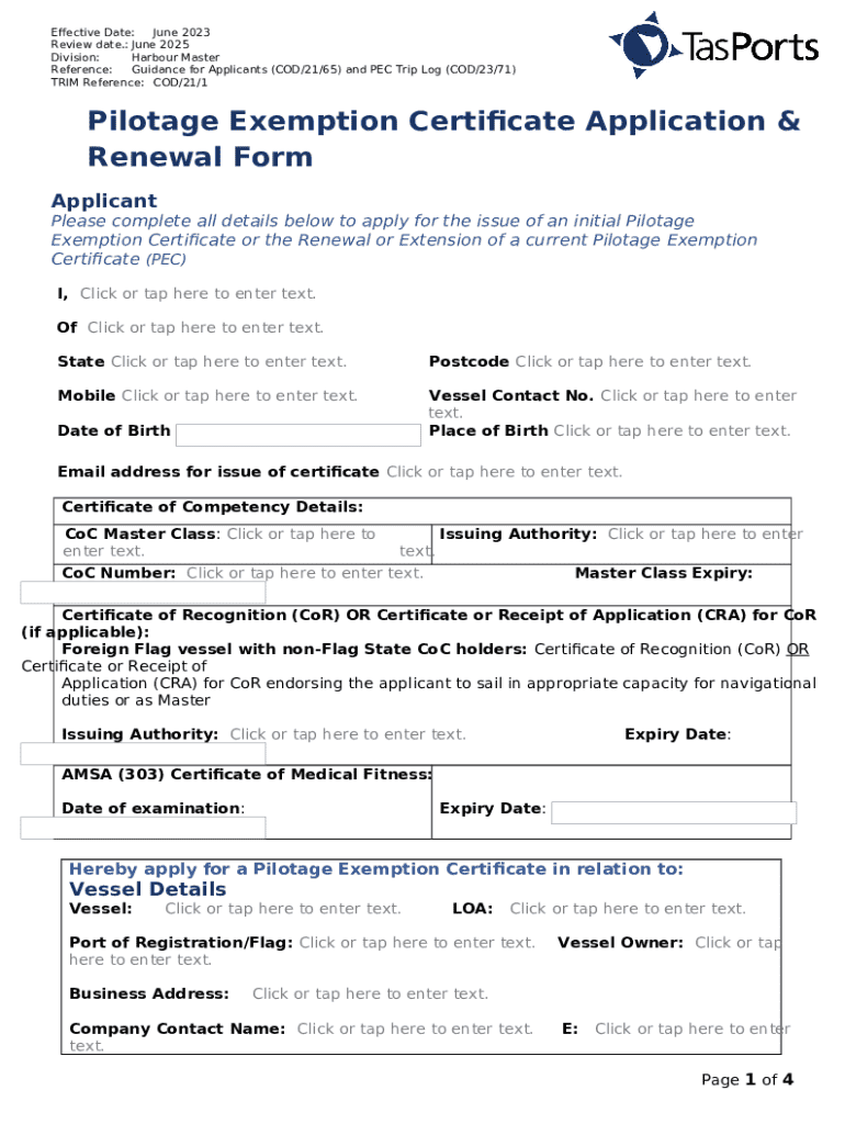 Pilotage Exemption Certificate Application & Renewal ... Doc Template ...