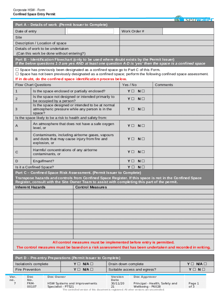 Corporate HSW - Confined Space Entry Permit Doc Template | pdfFiller
