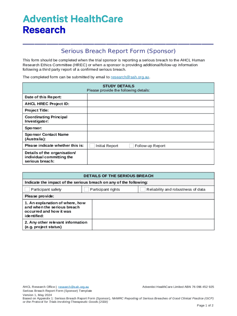 MAR F3.1.1 Serious breaches report sponsor Doc Template | pdfFiller