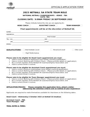 2024 Rubies Netball Team - Officials Application Doc Template | pdfFiller