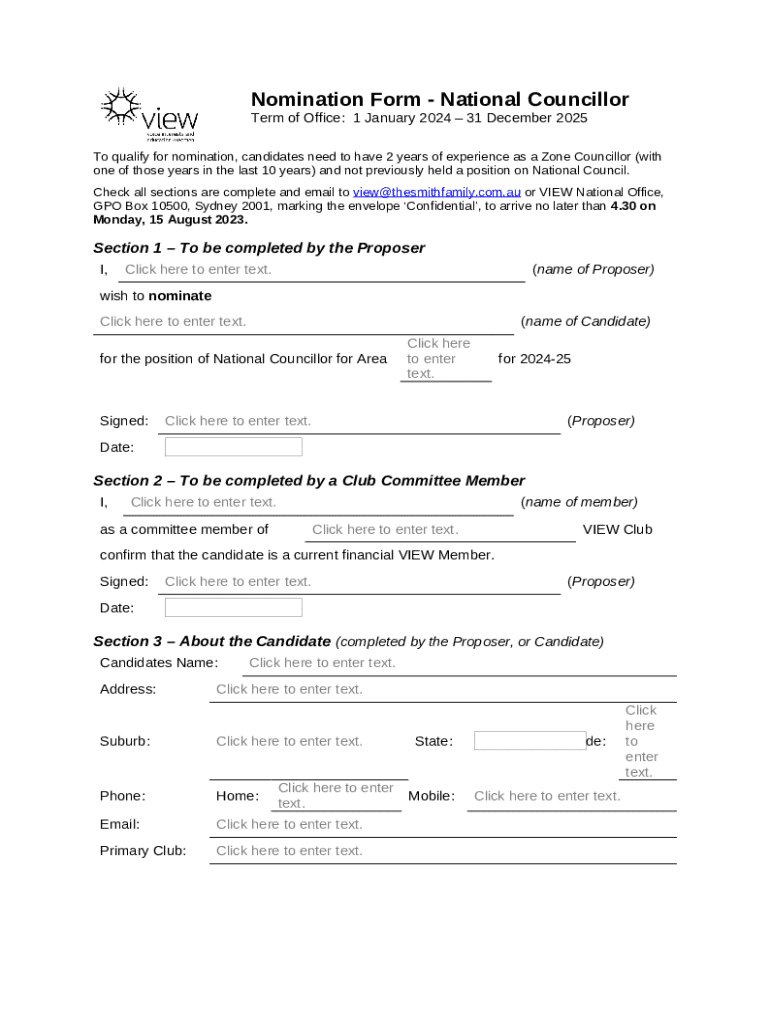 National Councillor - Nomination Doc Template | pdfFiller