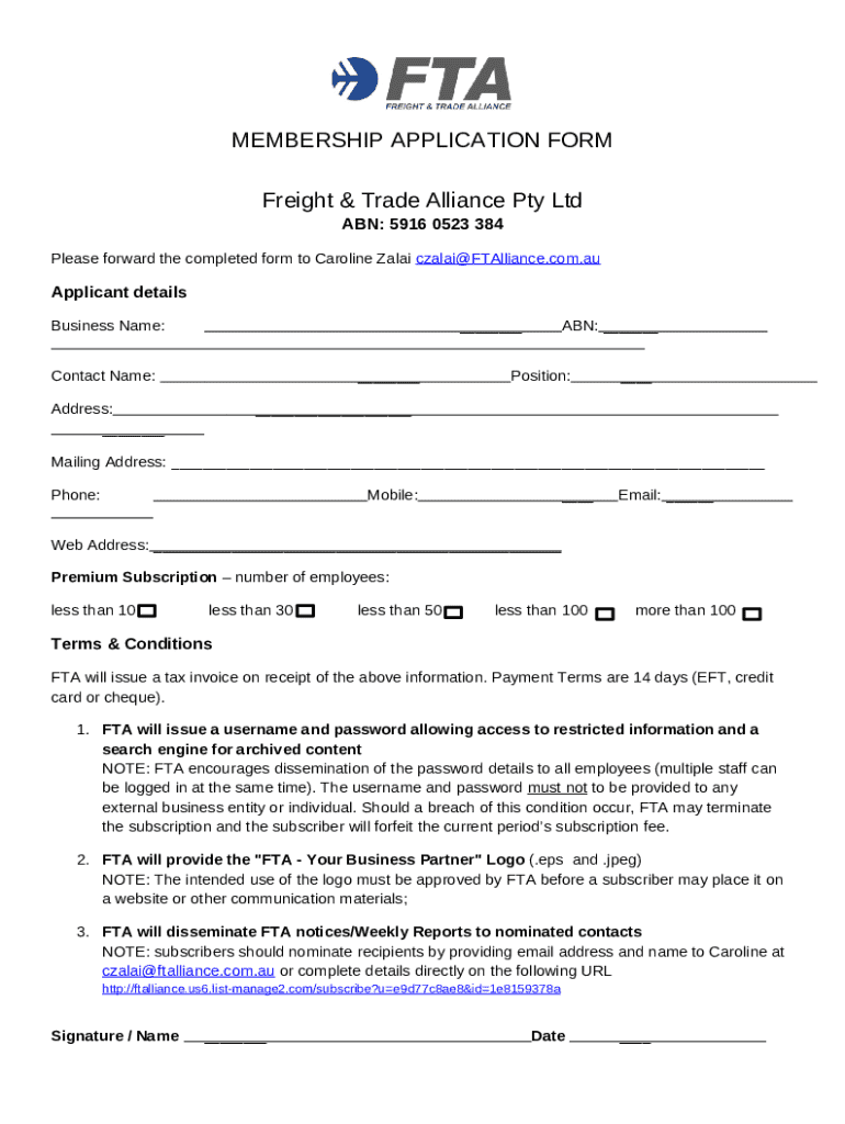 FTA Premium Membership Application Doc Template | pdfFiller