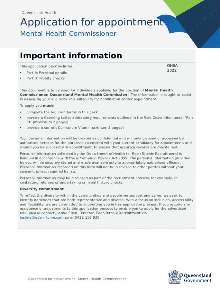 Application for appointment. Mental Health Commissioner Doc Template | pdfFiller