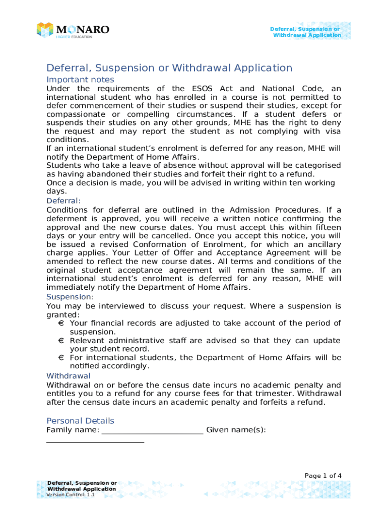 Deferral, Suspension or Withdrawal Application Doc Template | pdfFiller