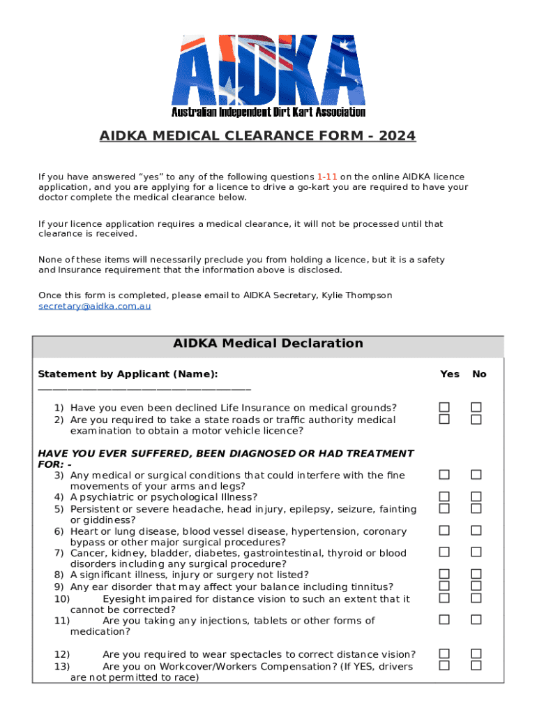 2024 aidka medical clearance Doc Template | pdfFiller
