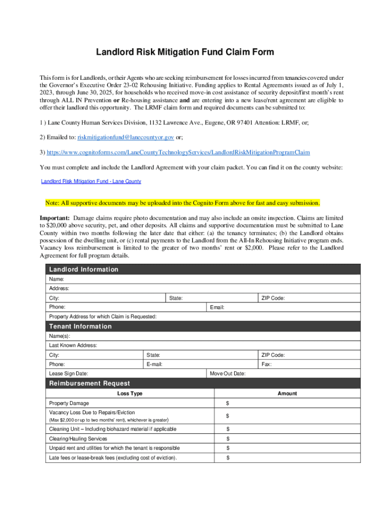 Fillable Online Landlord Risk Mitigation Fund Claim Form Fax Email ...