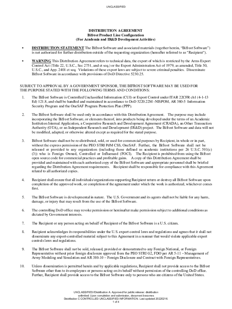 Fillable Online peostri army DISTRIBUTION AGREEMENT Bifrost Product ...
