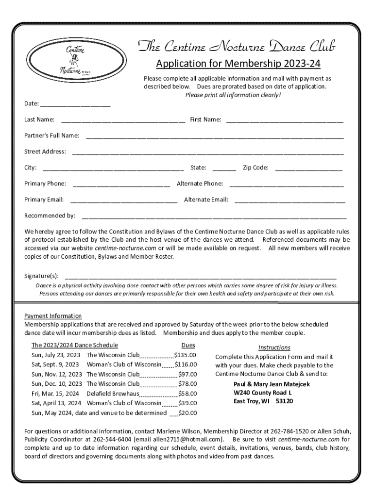 2023 Form WI Centime Nocturne Dance Club Application for Membership Fill Online, Printable ...