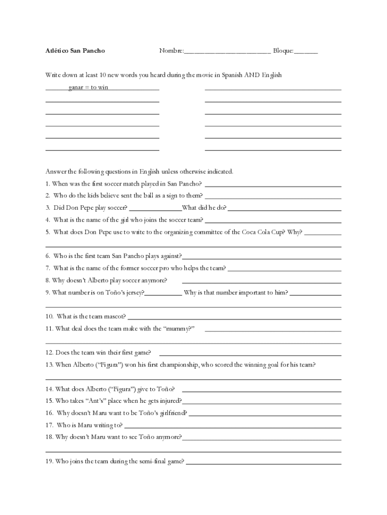 Fillable Online Atltico San Pancho Movie Guide Questions in Spanish ...