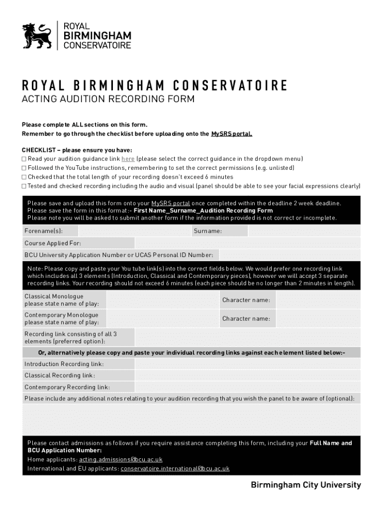 Fillable Online royal birmingham conservatoire - acting audition recording form Fax Email Print ...
