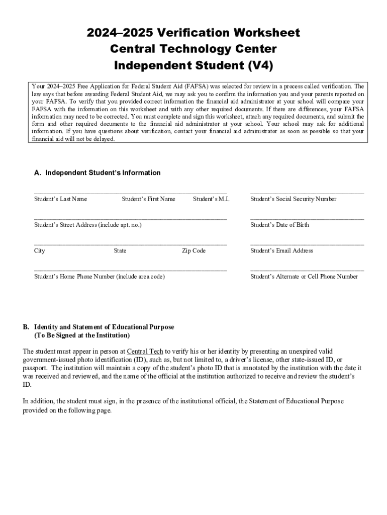 Fillable Online 20242025 Verification Worksheet Central Technology Center ... Fax Email Print ...