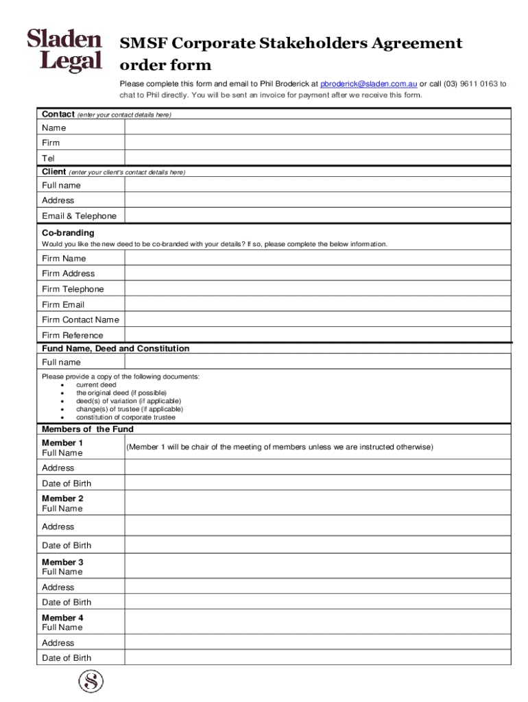 Fillable Online SMSF+Corporate+Stakeholders+Agreement+order+form (1 ...