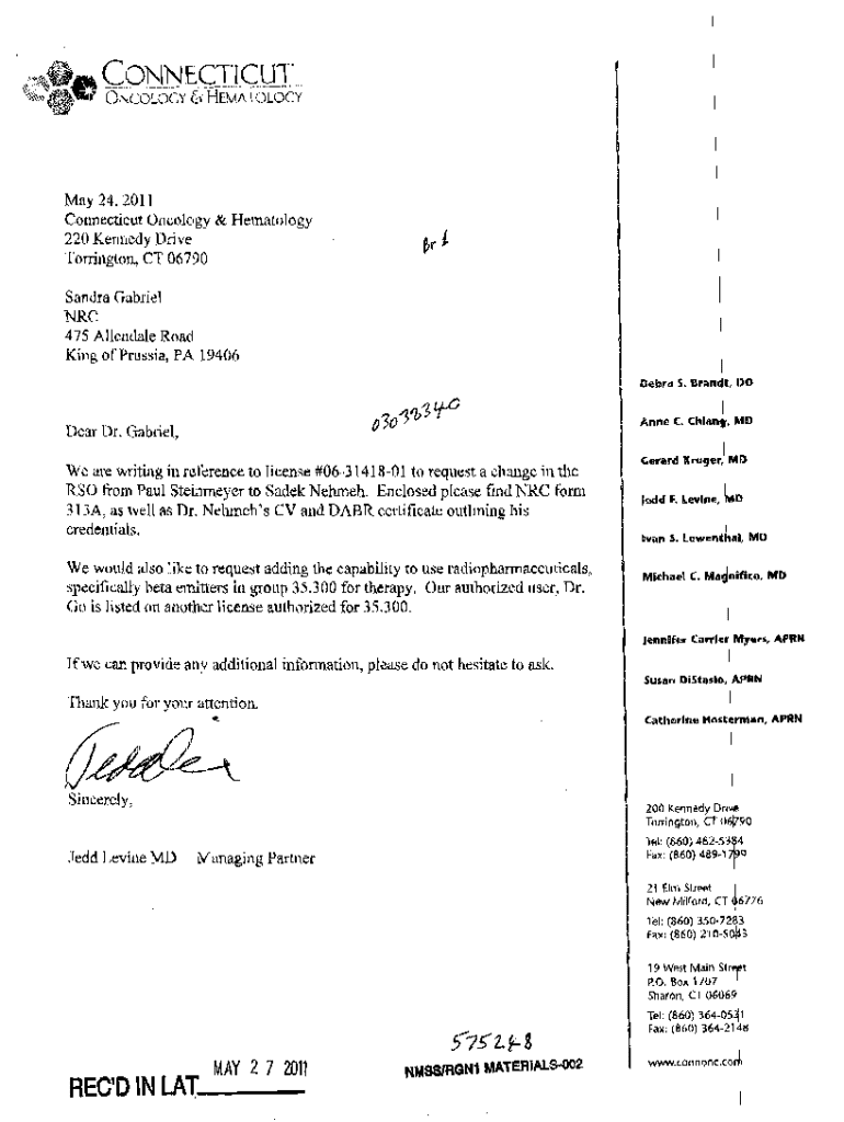 Fillable Online Connecticut Oncology & Hematology, Amendment Request Letter dtd 05/24/2011. Fax ...