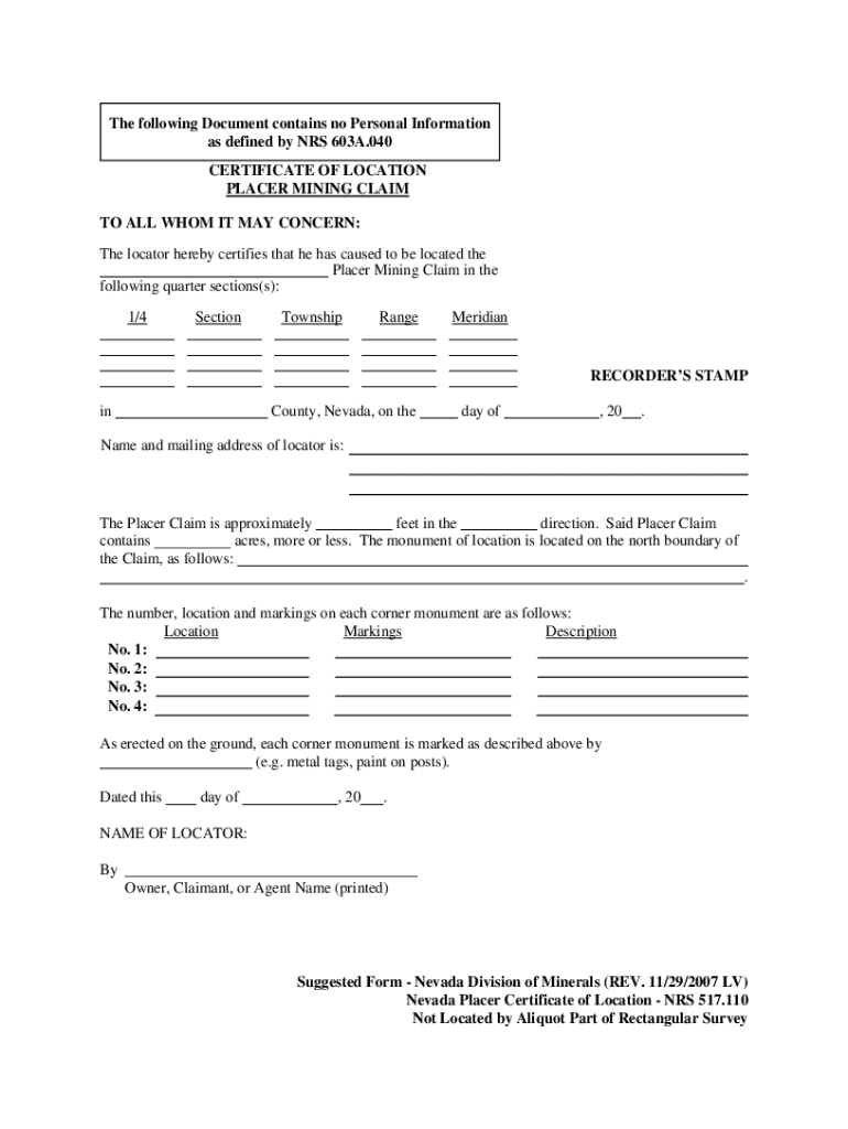 Fillable Online Nevada Placer Certificate of Location - NRS 517.110 Fax ...