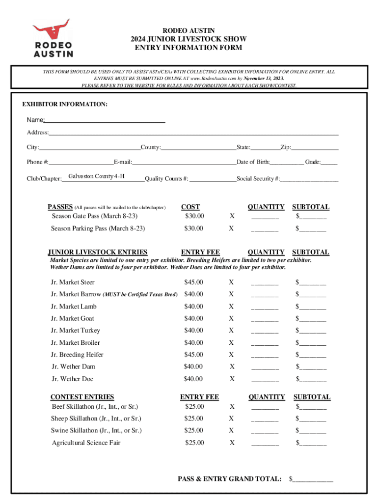 Fillable Online galveston agrilife rodeo austin - 2024 junior livestock ...